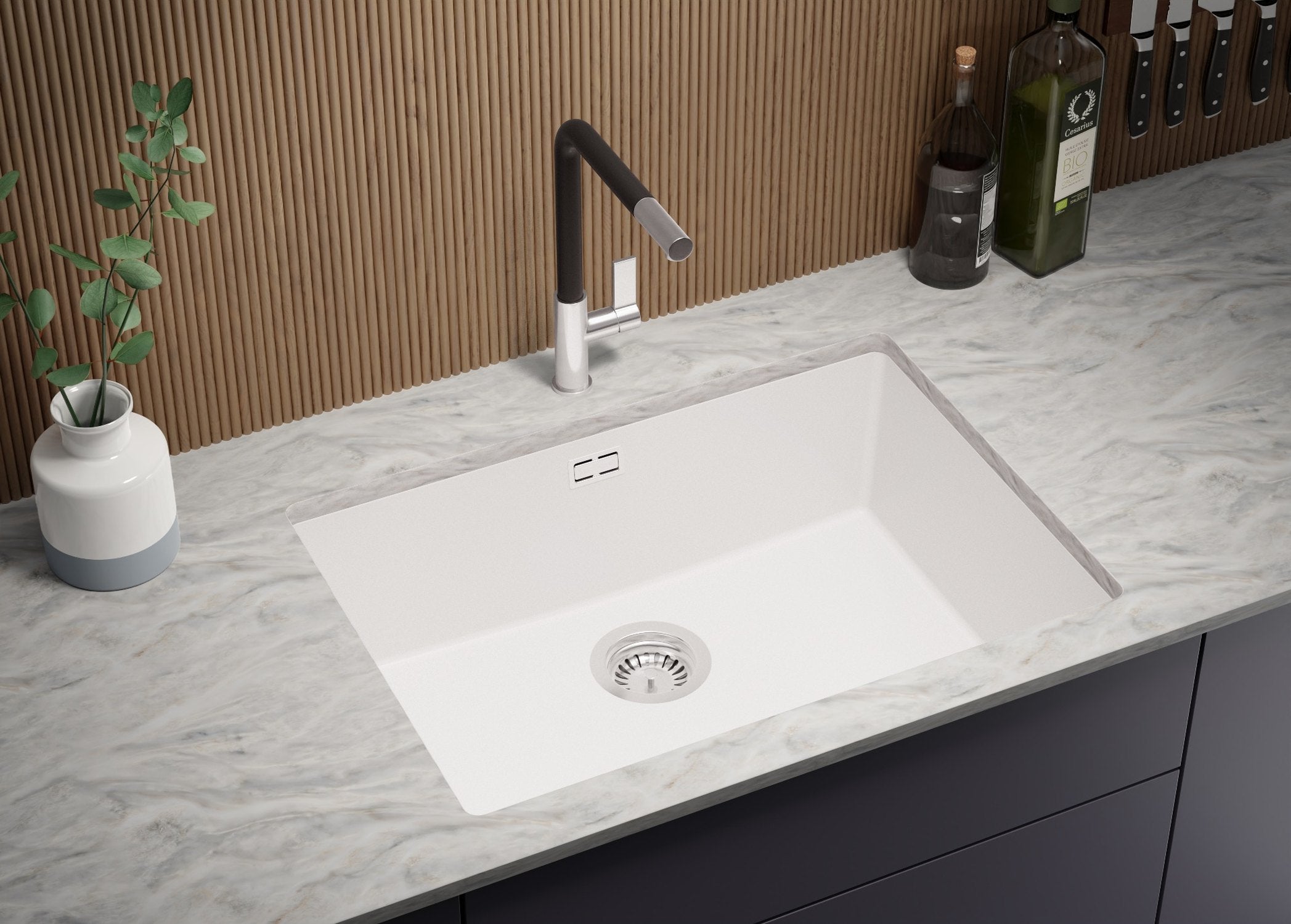 Evier Sous Plan Blanc 66x47cm, Evier en Granit 1 bac + Kit de Vidage ...