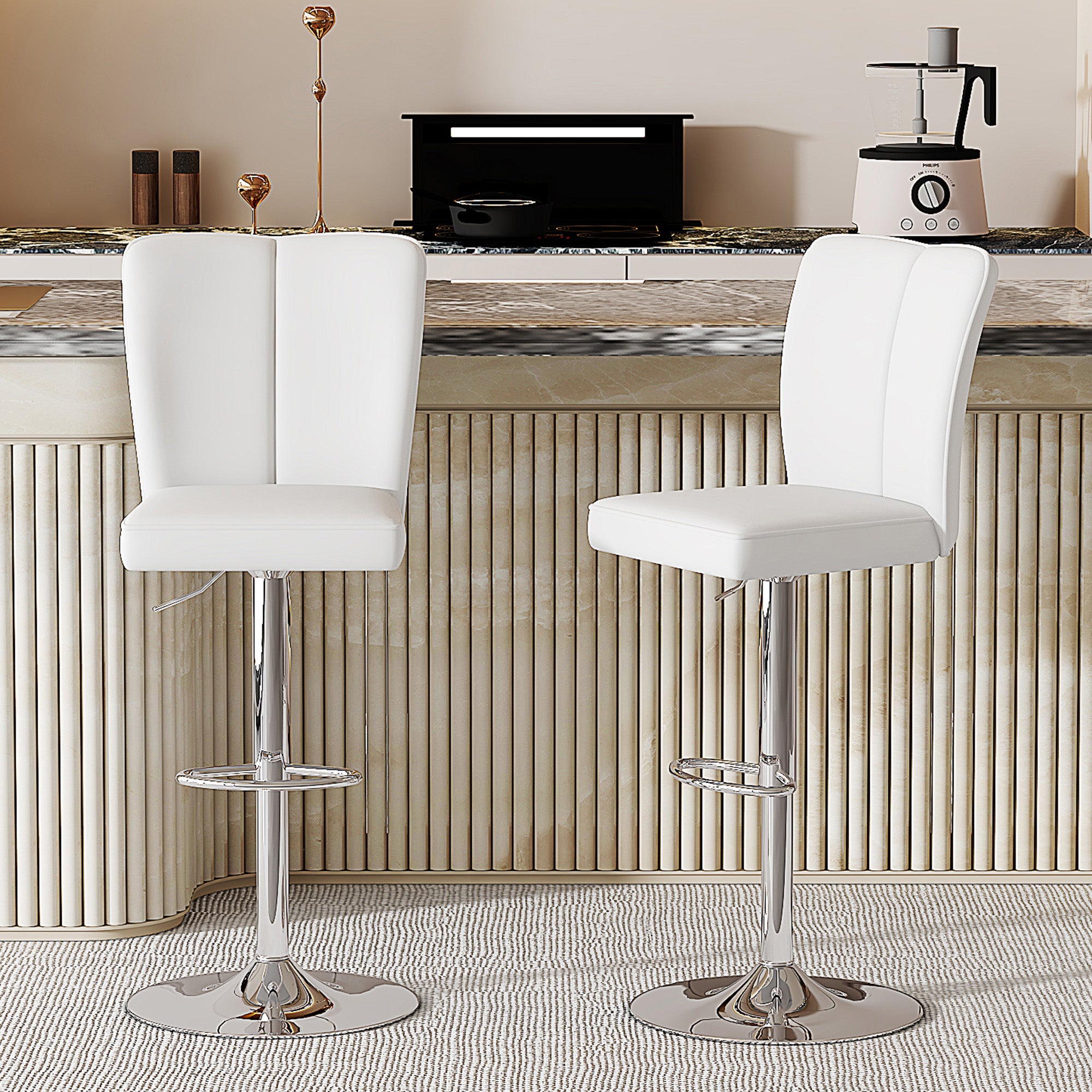 Lot 2 tabourets bar ajustables pivot 360°, PU hydrofuge blanc argent ...