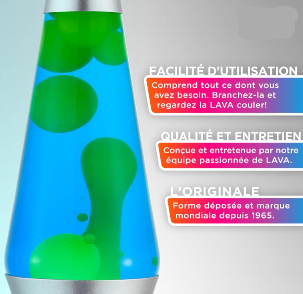 Lampe Lava, cire verte, liquide bleu, socle et capuchon argentés, lampe ...