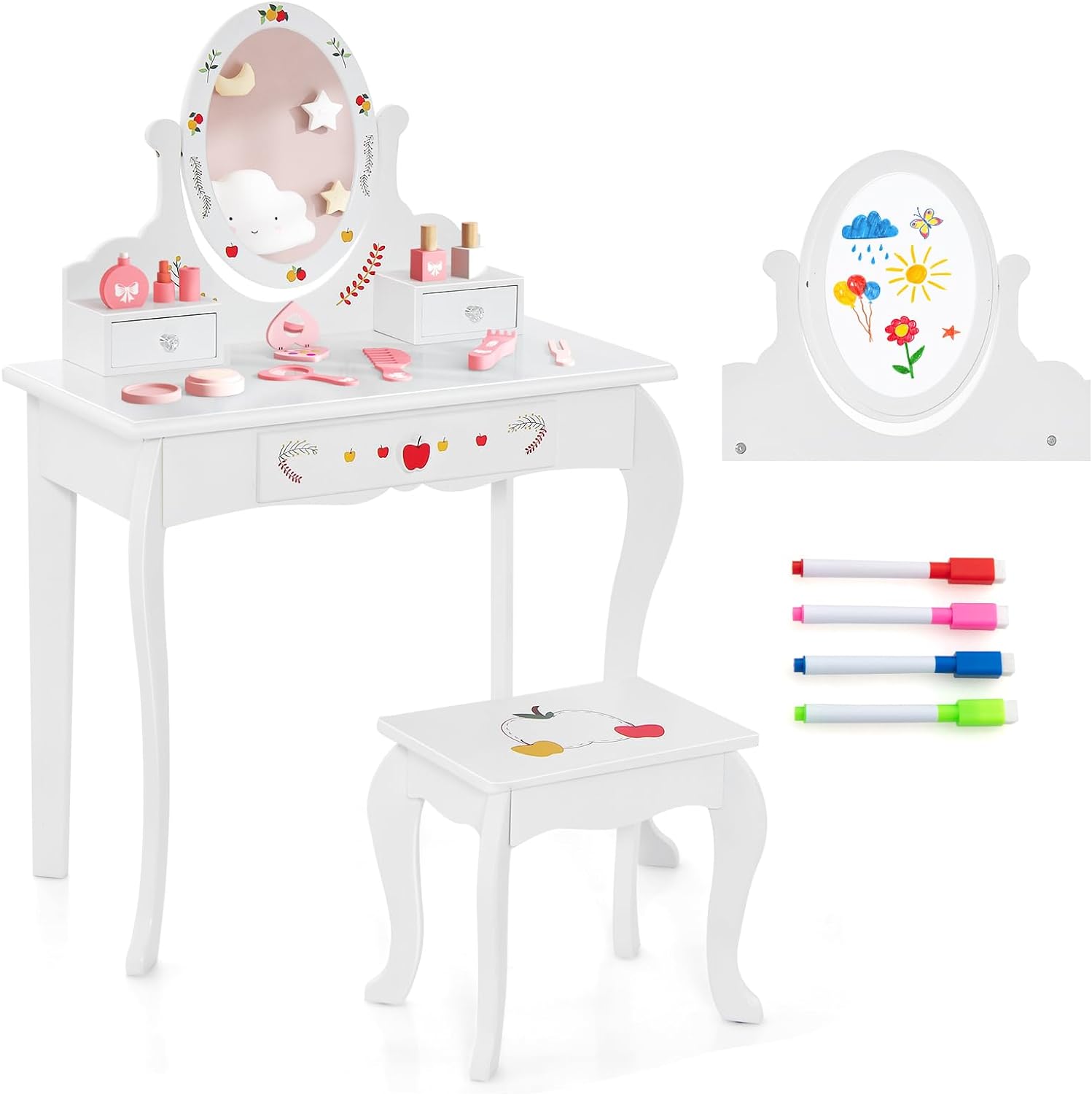 Coiffeuse Enfant, Table de Maquillage avec Miroir Ovale et Tabouret, Charge 50KG, pour Enfants 3 ...