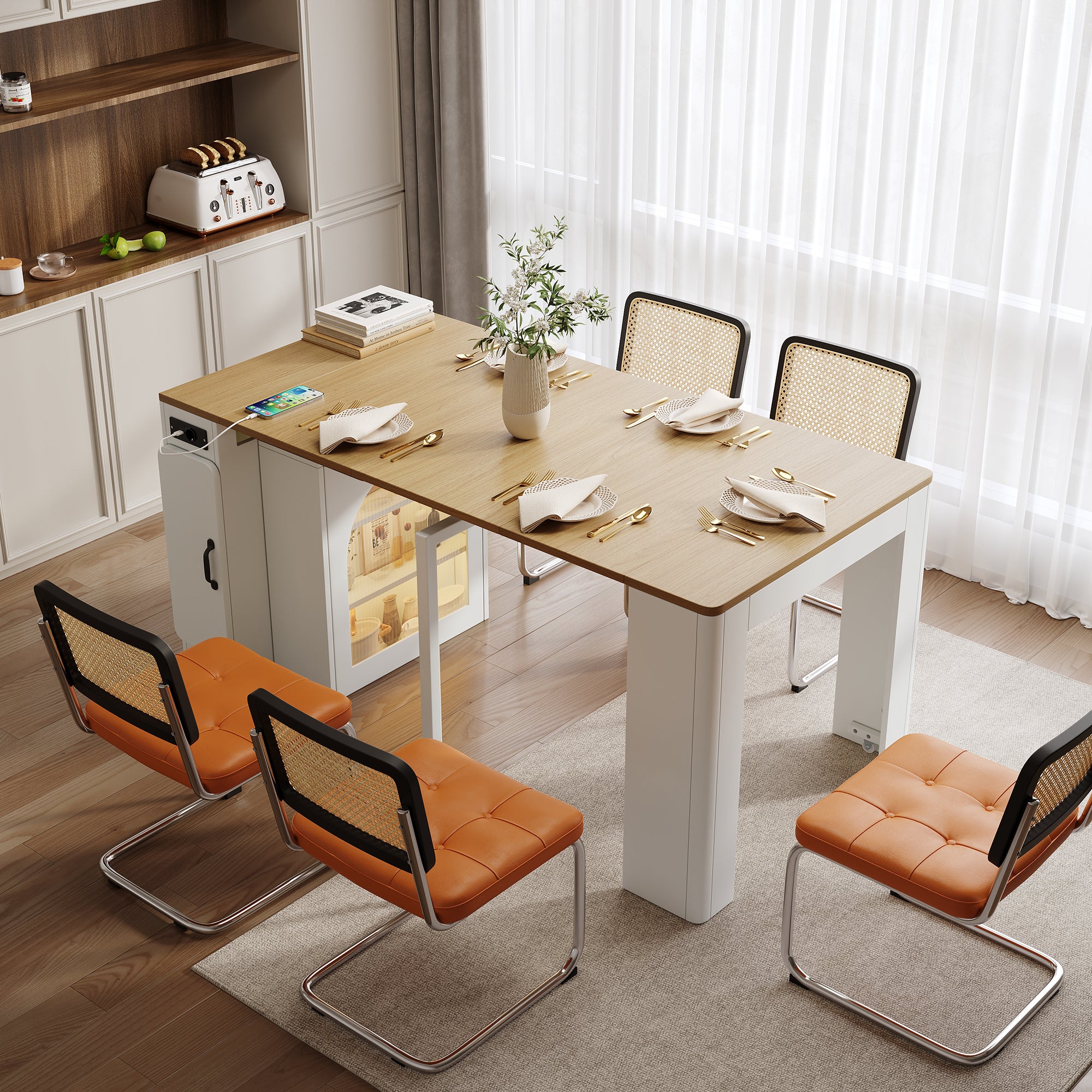 Îlot central éxtensible avec prises usb, table à manger mobile 3 en 1 ...