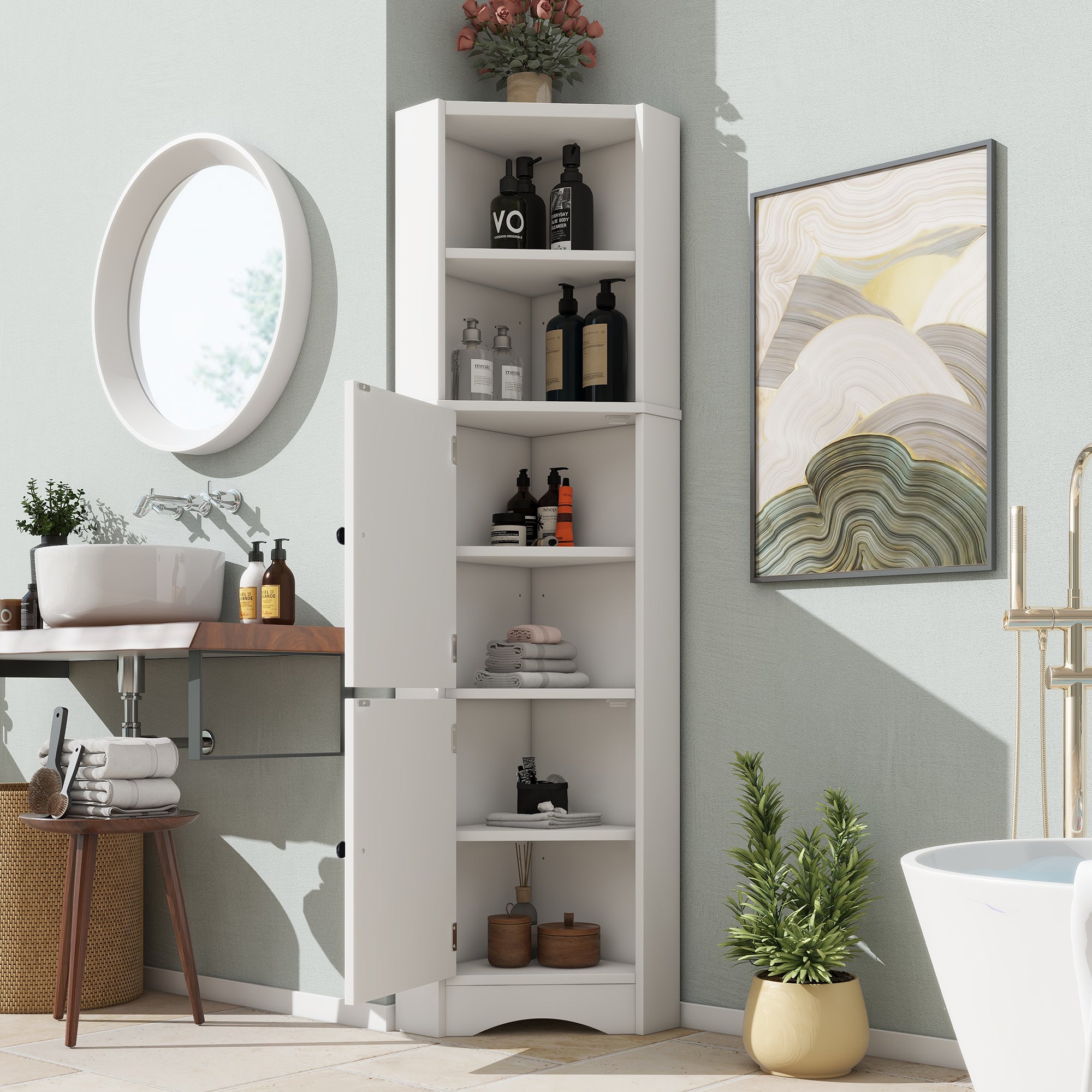 Szafka narożna łazienkowa - 2 drzwi i 2 otwarte schowki - drewno MDF ...