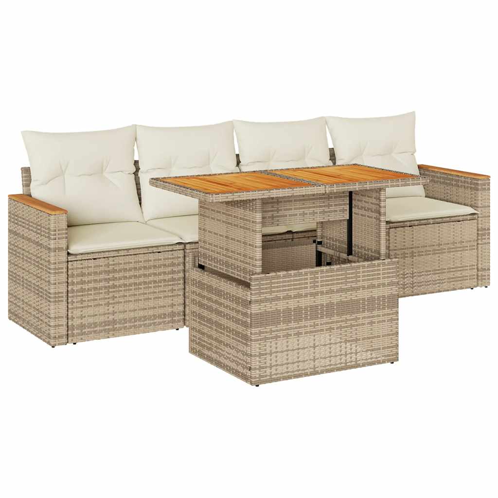 Set sofás jardín y cojines 5 pzas ratán sintético acacia beige ...