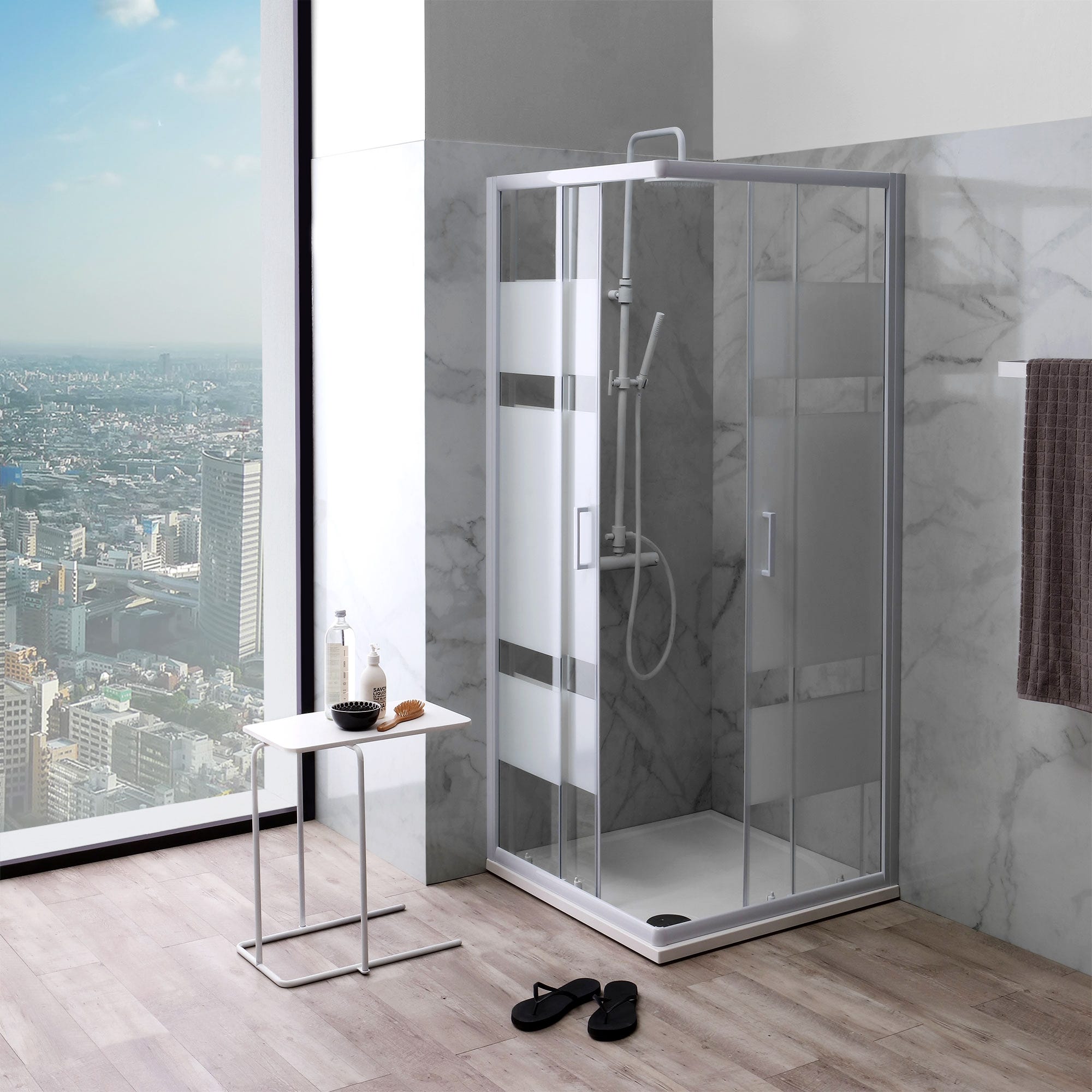 Paroi de douche angulaire 75x75 crystal sérigraphié profilé blanc ...