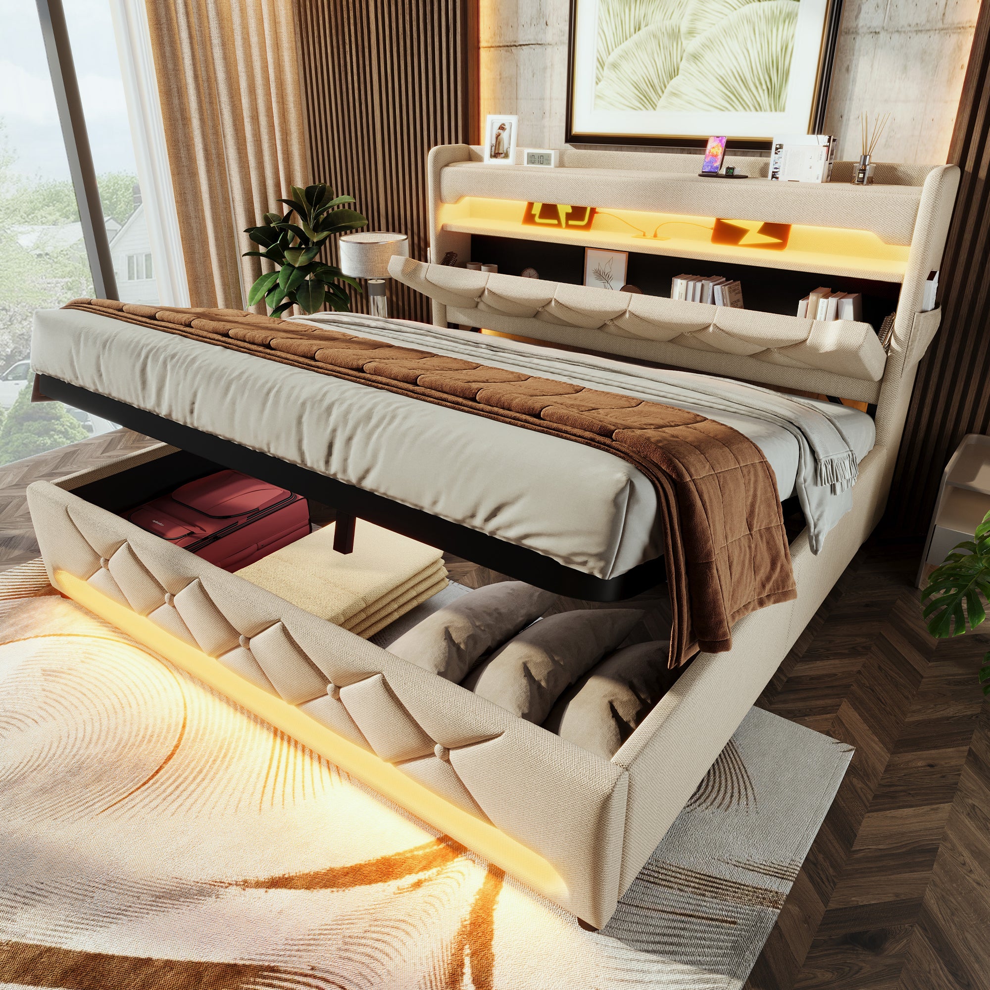 Lit double capitonné 140*200, tête de lit avec rangement, lit avec ...