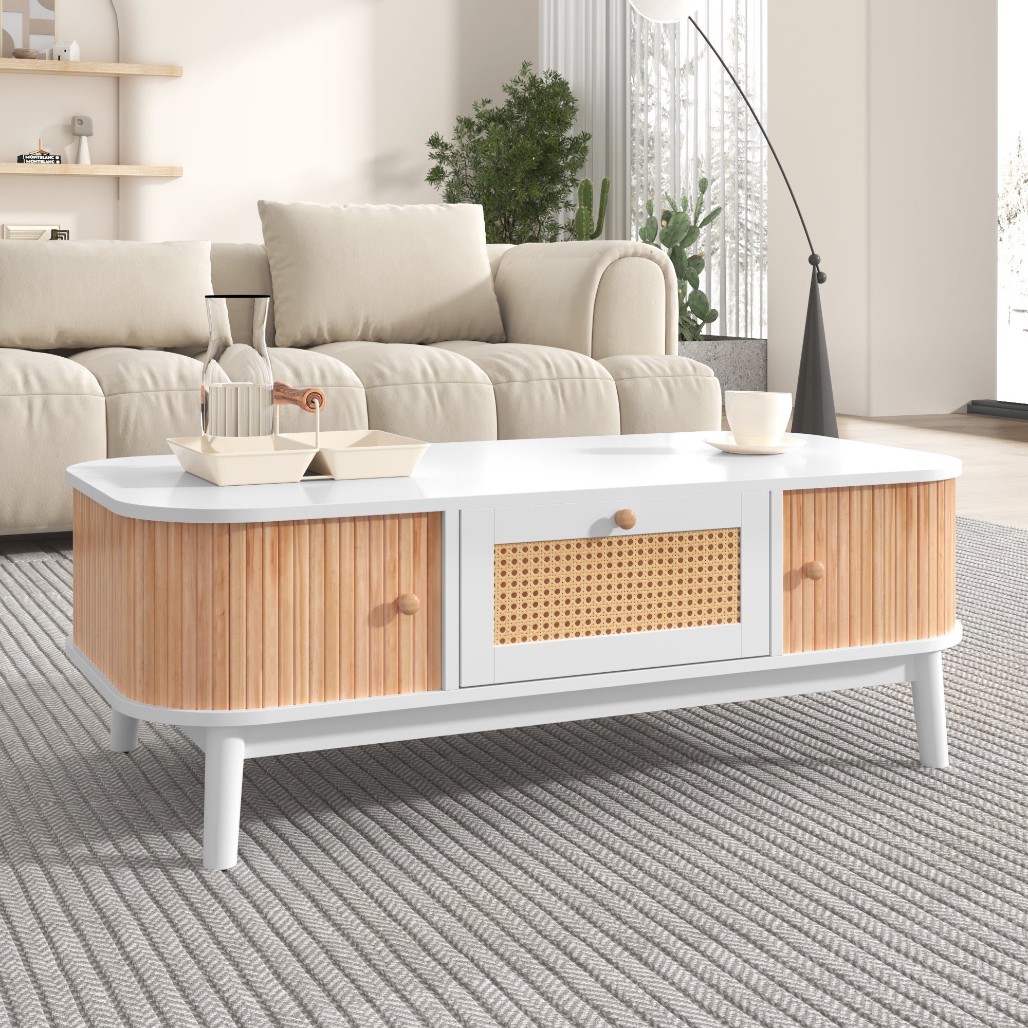 Table basse 110x55x38.5 cm, avec tiroirs et portes, MDF, blanc | Leroy ...