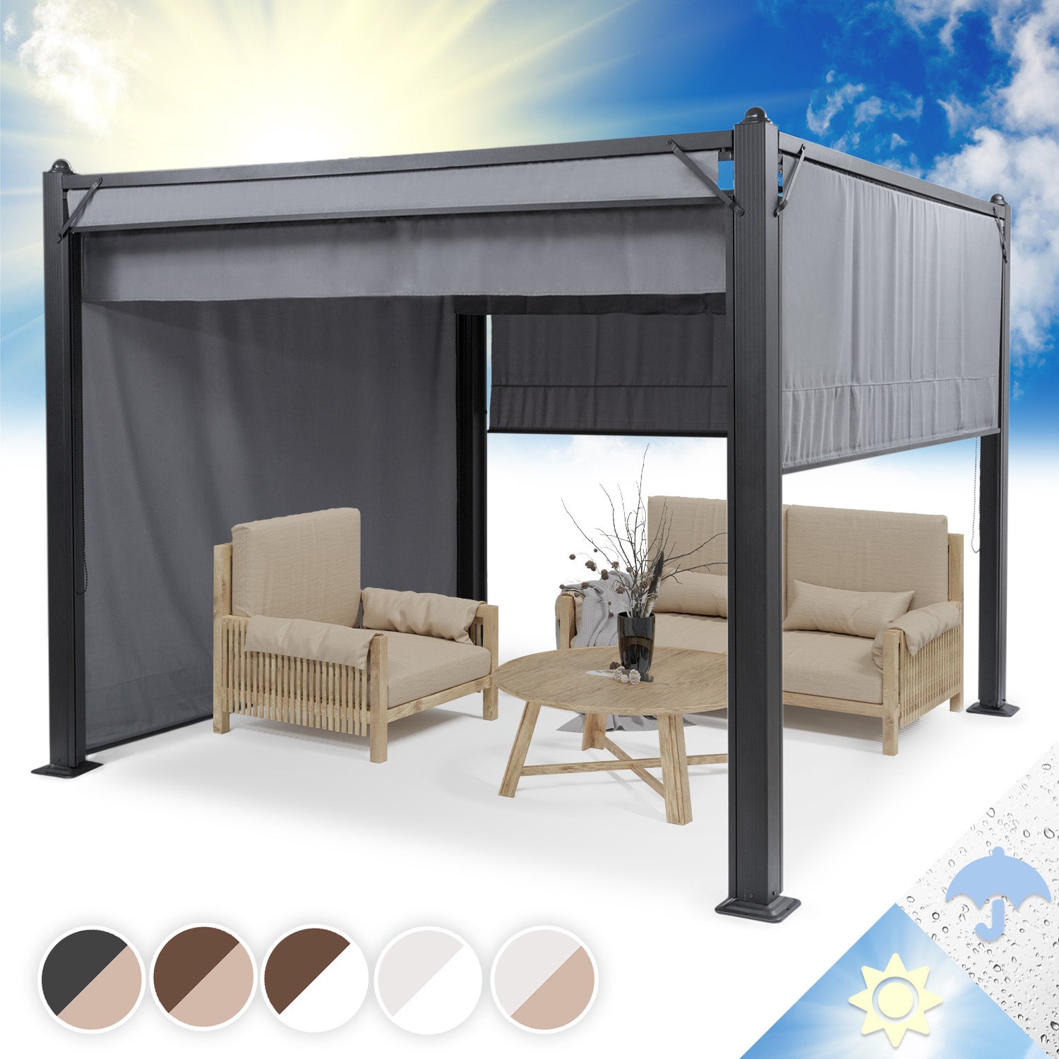 Blumfeldt Pantheon Cortina Pavillon avec auvent 3 x 3 m 4 parties ...