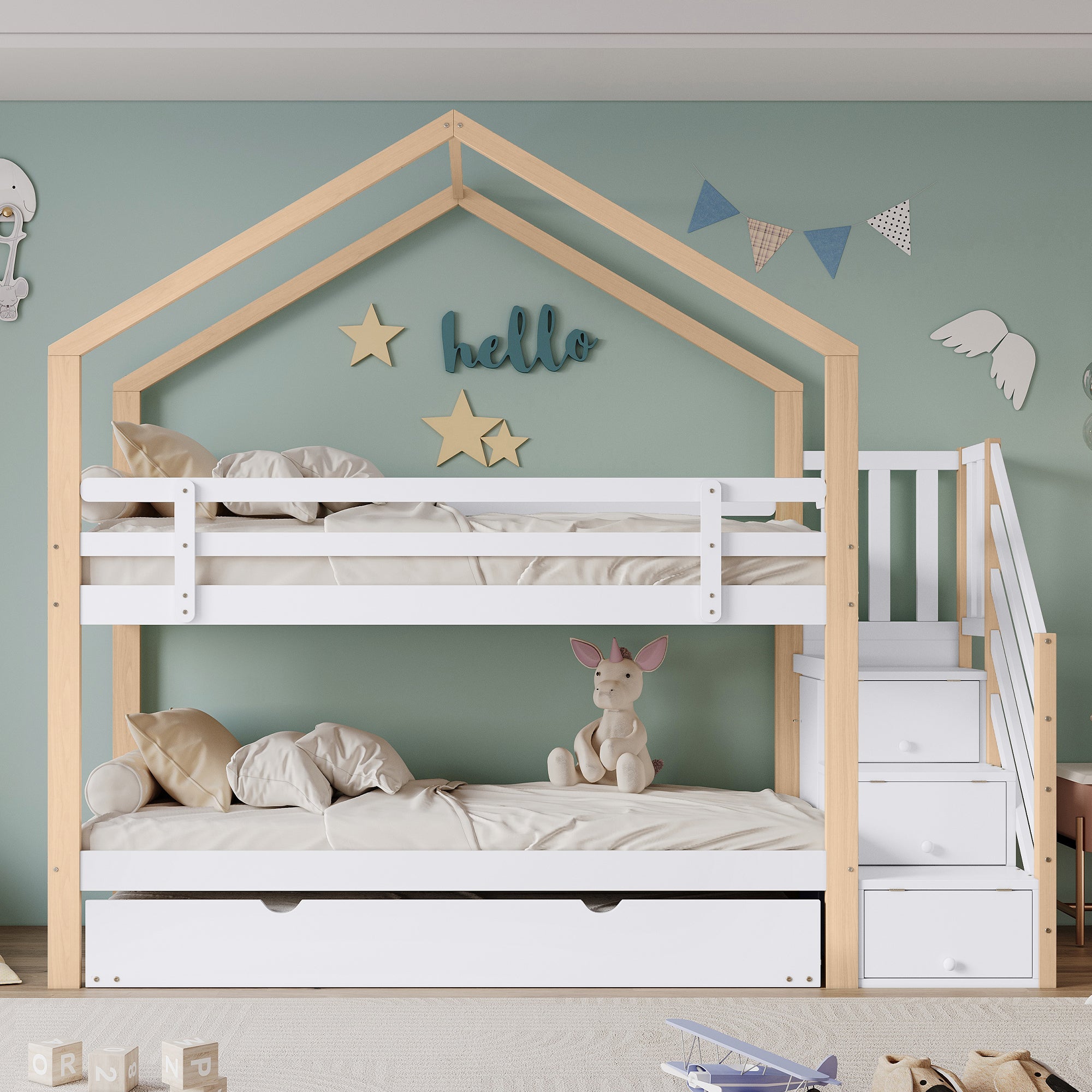 Litera para 3 personas 90 x 200 cm con cama nido 90 x 190 cm,casita ...