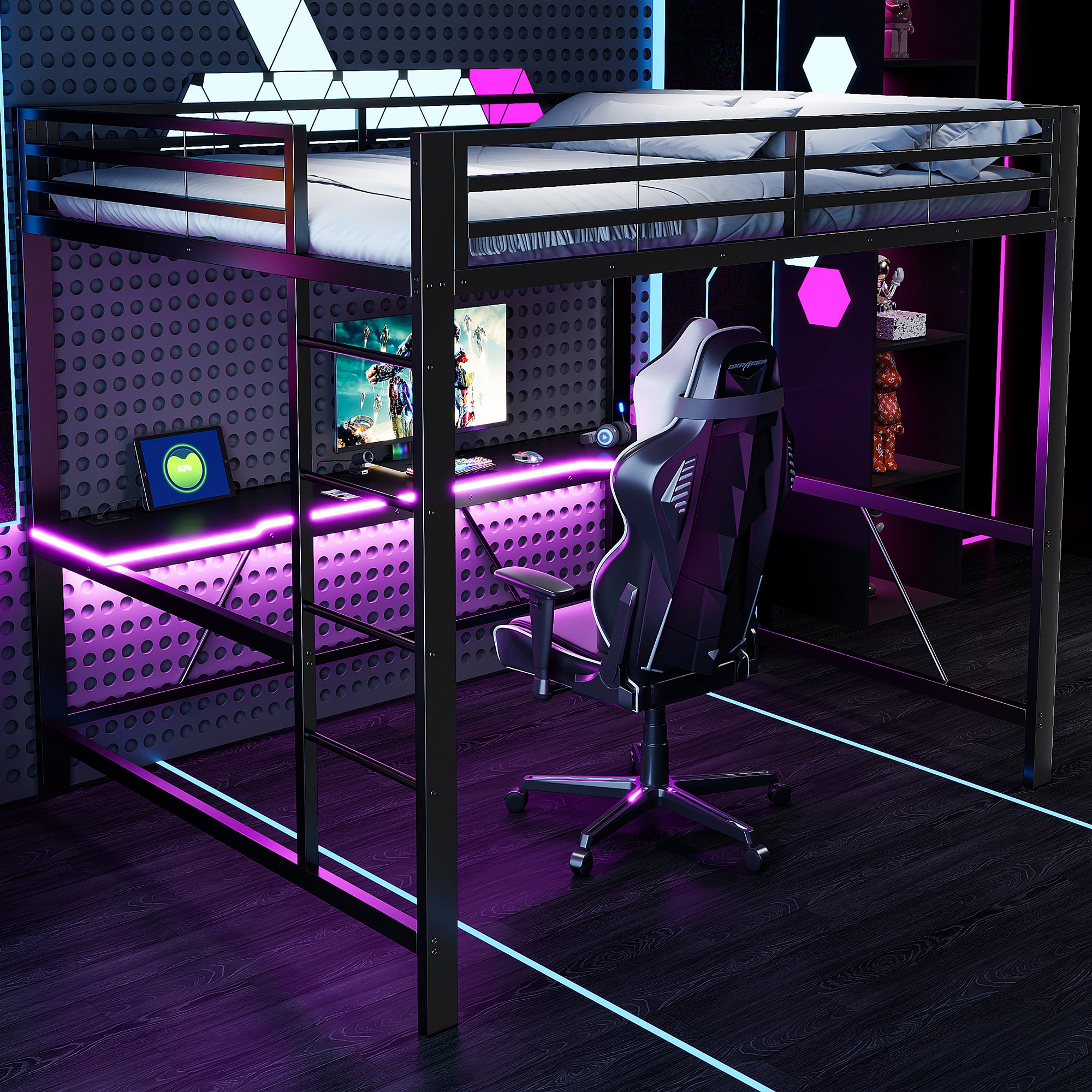 Lit mezzanine gaming en métal 160x200 avec éclairage LED, station de ...