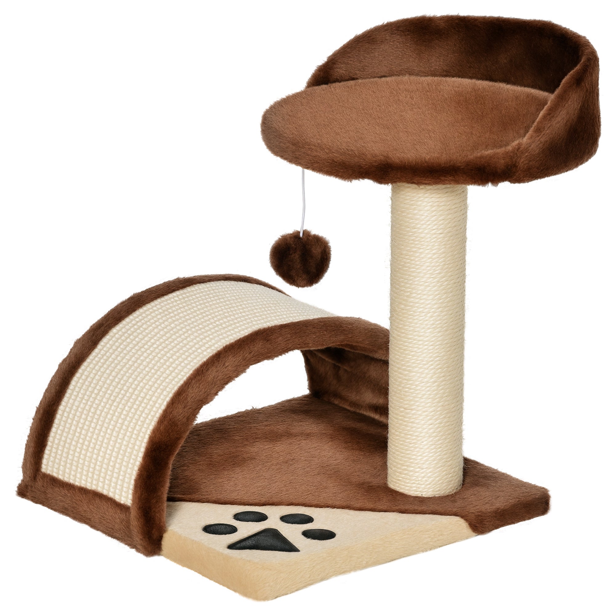 Arbre à Chat 2 Niveaux 46cm Griffoir Sisal Lit Balle Suspendue Marron ...